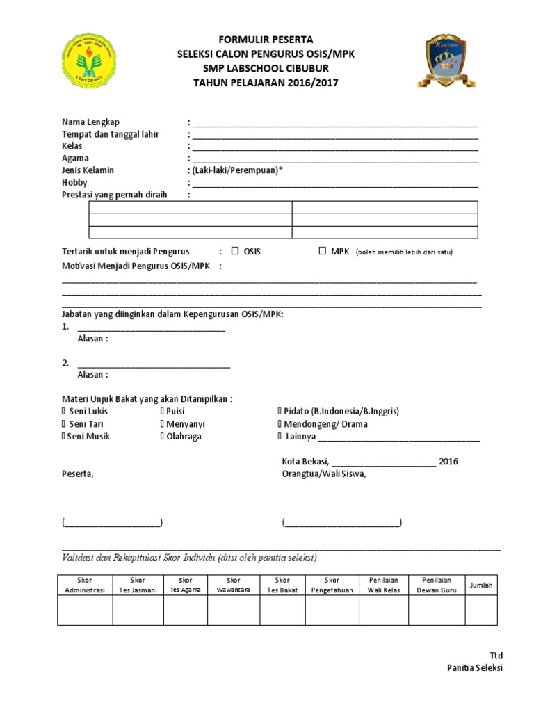 Formulir Pendaftaran Peserta Seleksi Osis 2016 | PDF