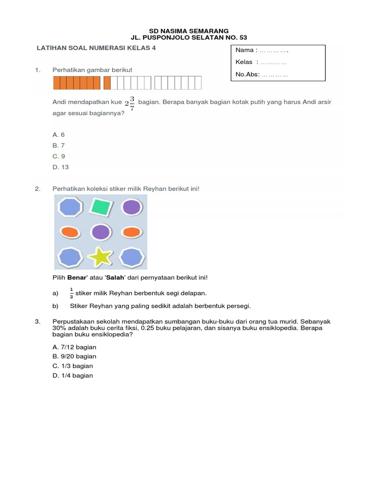 Latihan Soal Numerasi Kelas 4 | PDF