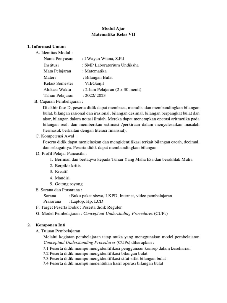 Modul Ajar I Wayan Wiana - Bilangan TP 1-5 | PDF | Karier & Perkembangan