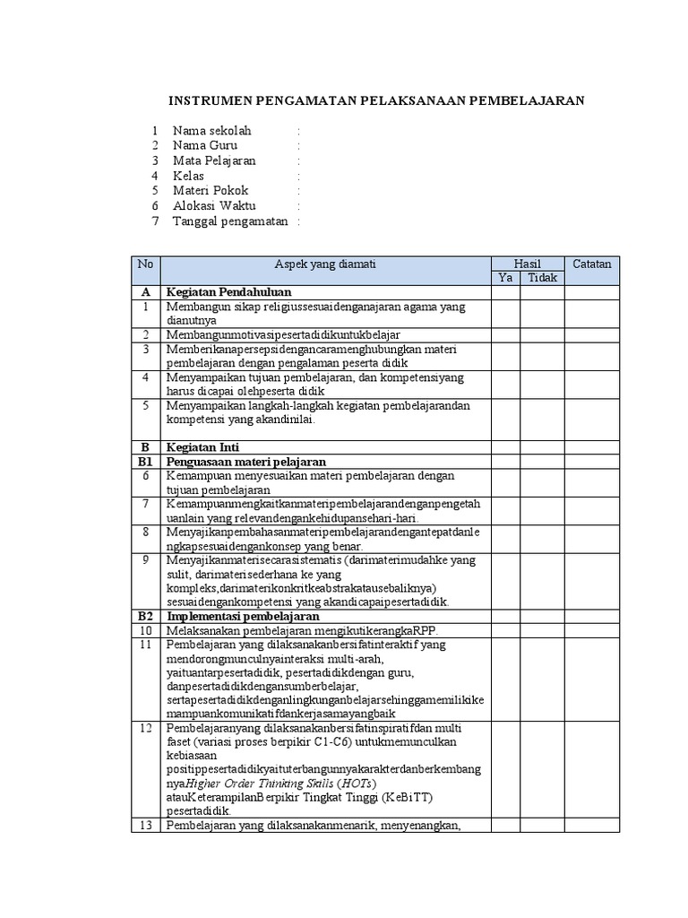 Instrumen Supervisi Guru-Pembelajaran | PDF