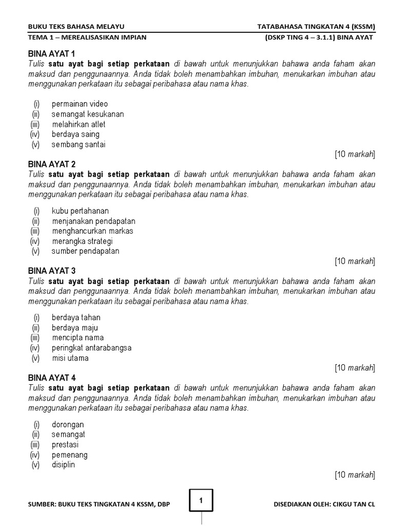 Tema 1 (Buku Teks Ting 4) - Bina Ayat Dengan Kata Tunggal Dan Kata Majmuk + Peribahasa Tema 1 | PDF