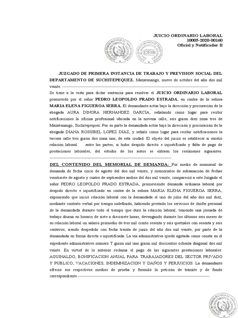 Sentencia Juicio Ordinario Laboral No. 10005-2020-160 Of. 2o. | PDF ...