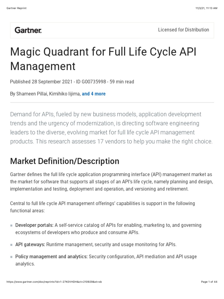 Magic Quadrant For Full Life Cycle API Management, 2021 | PDF | Cloud ...