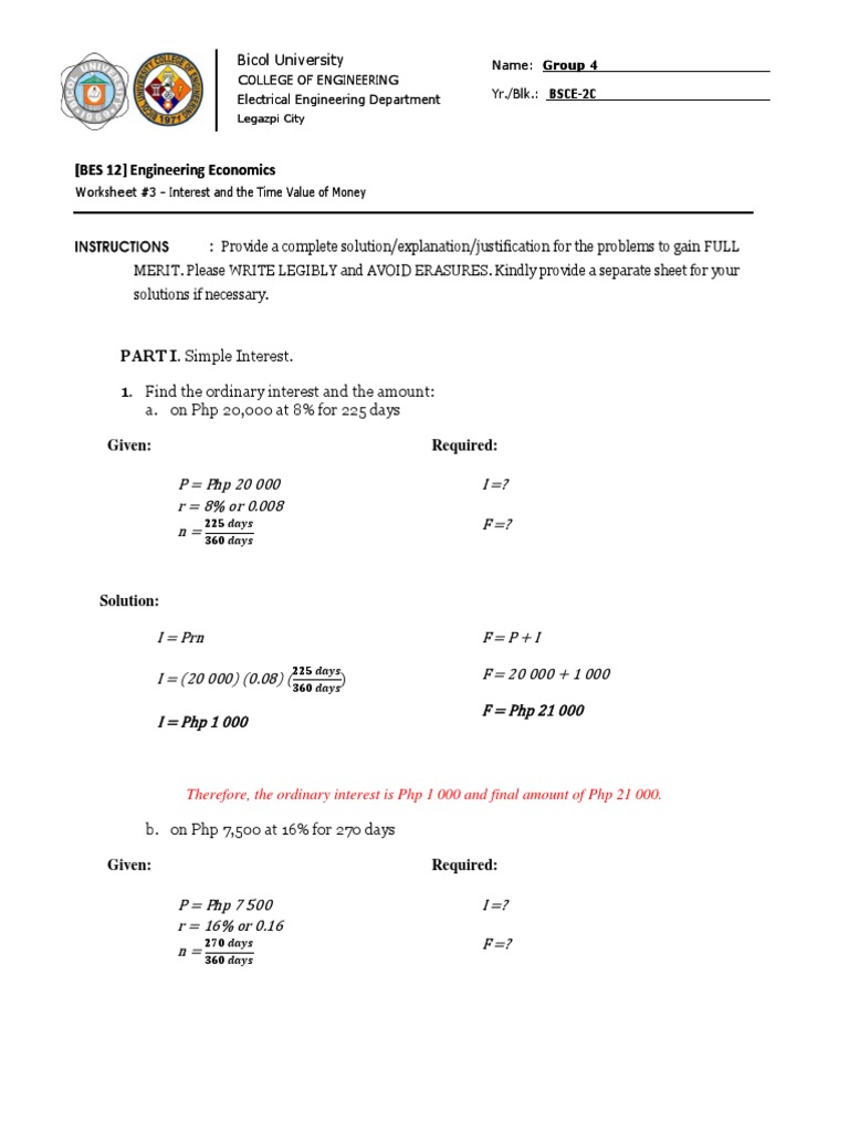 Engineering Economics Worksheet on Interest and Time Value of Money Solutions | PDF | Interest ...
