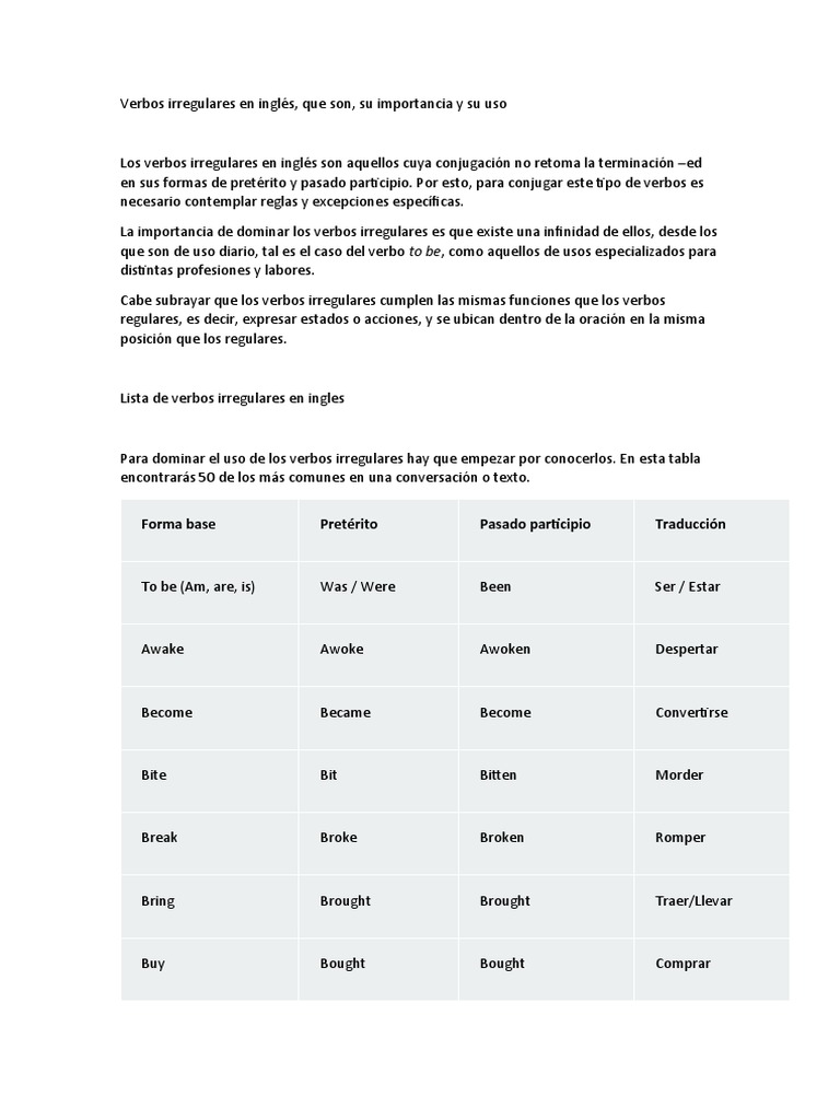 Verbos Irregulares en Inglés | PDF | Verbo | Unidades Semánticas