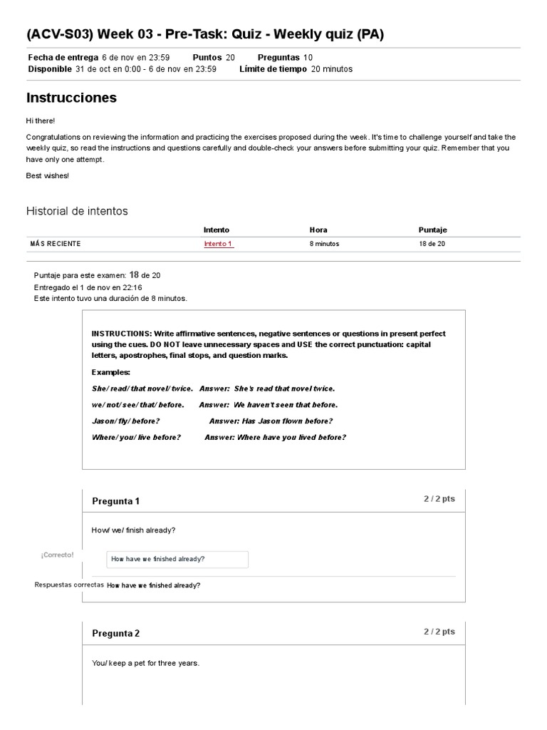(ACV-S03) Week 03 - Pre-Task - Quiz - Weekly Quiz (PA) - INGLES IV (31022) | PDF | Language Arts ...