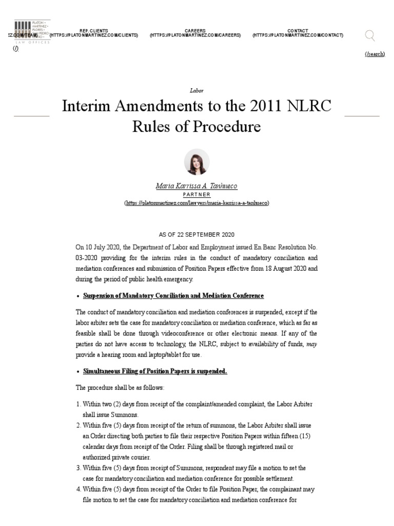 Interim Amendments To The 2011 NLRC Rules of Procedure - Platon Martinez | PDF | Mediation ...