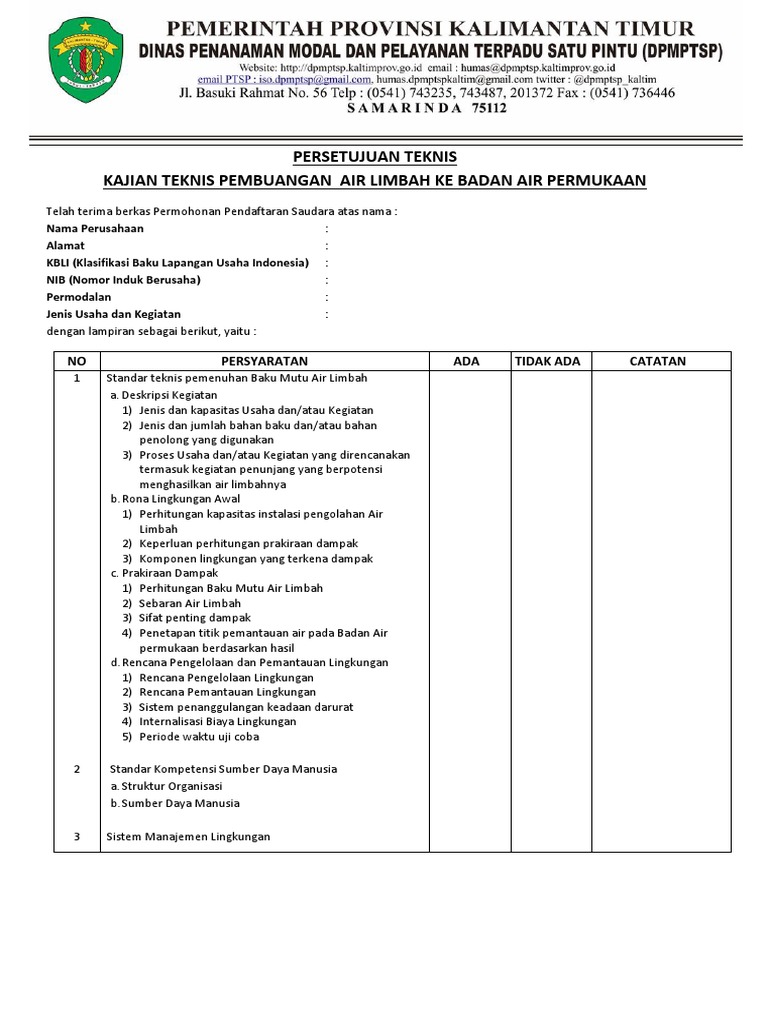 Persetujuan Teknis Kajian Teknis Pembuangan Air Limbah Ke Badan Air ...