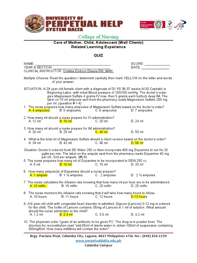 RLE Quiz - Drug Computation | PDF | Intravenous Therapy | Nursing