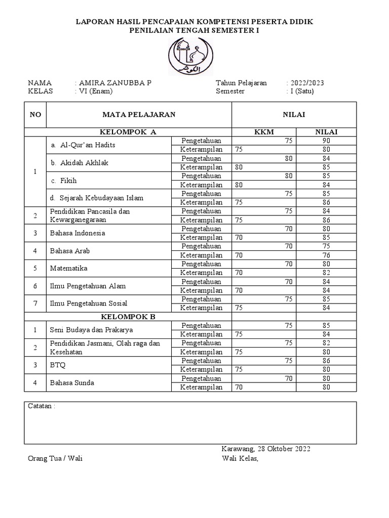 Raport PTS Kelas Vi | PDF