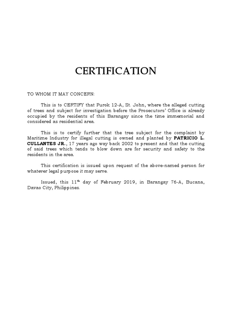 Certification for Tree Cutting Request | PDF | Law