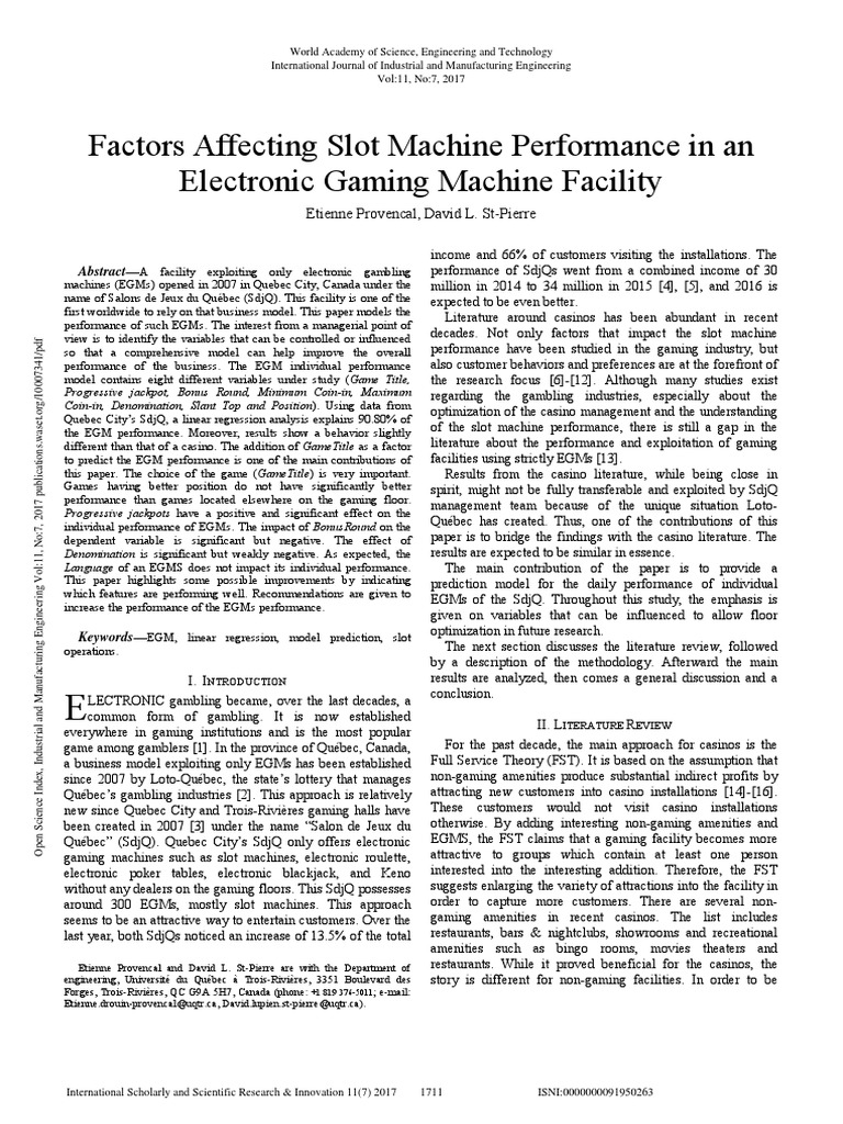 Factors Affecting Slot Machine Performance in An Electronic Gaming ...
