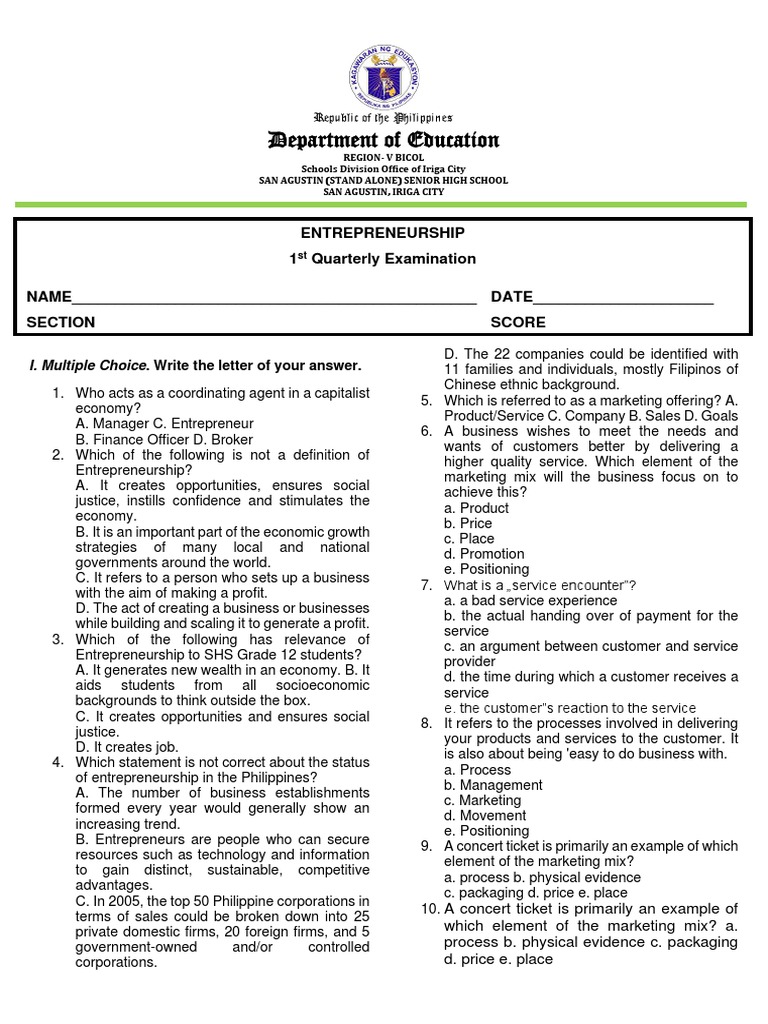 1st Quarterly Exam ENTREP | PDF | Marketing | Entrepreneurship