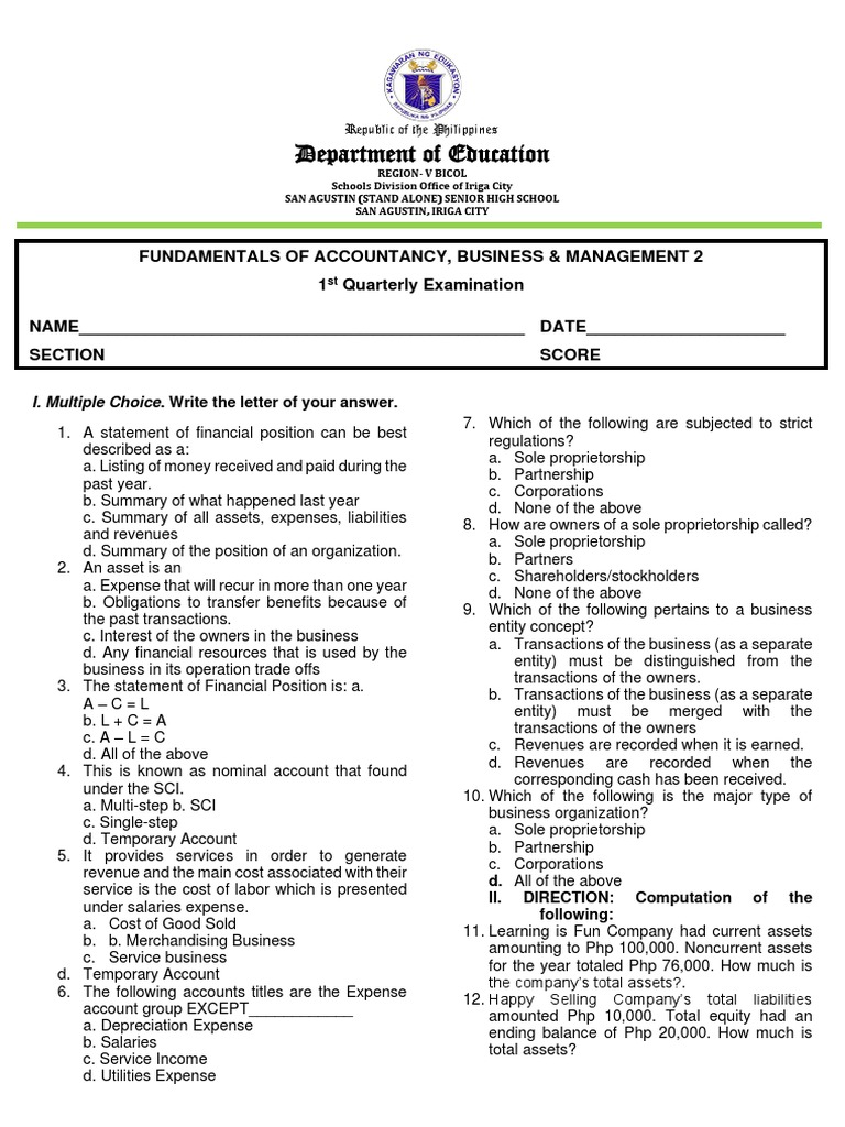 1st Quarterly Exam FABM 2 | PDF | Balance Sheet | Expense