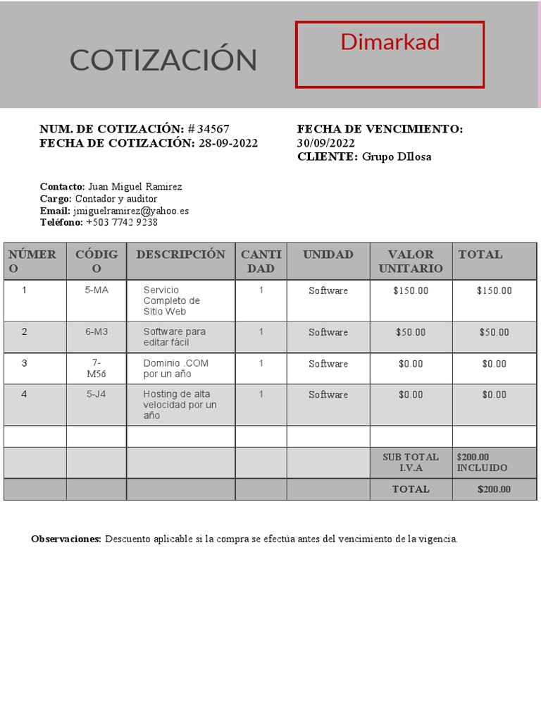 Cotización Servicios Web Grupo Dilosa | PDF