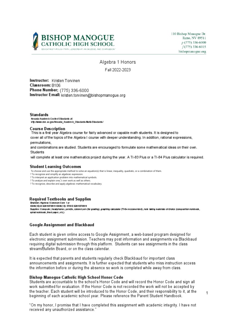 2022 2023 Algebra 1 Honors Syllabus | PDF | Academic Dishonesty | Algebra