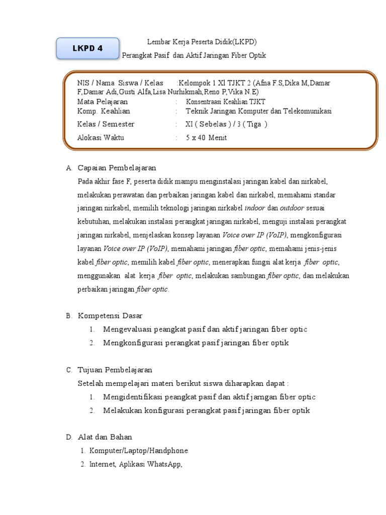LKPD 4 Peralatan Pasif Dan Aktif Jaringan Fiber Optik-1 | PDF | Sains & Matematika | Teknologi ...