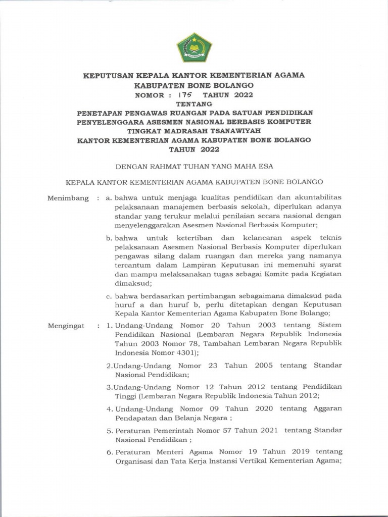 SK Pengawas Ruangan ANBK MTs | PDF