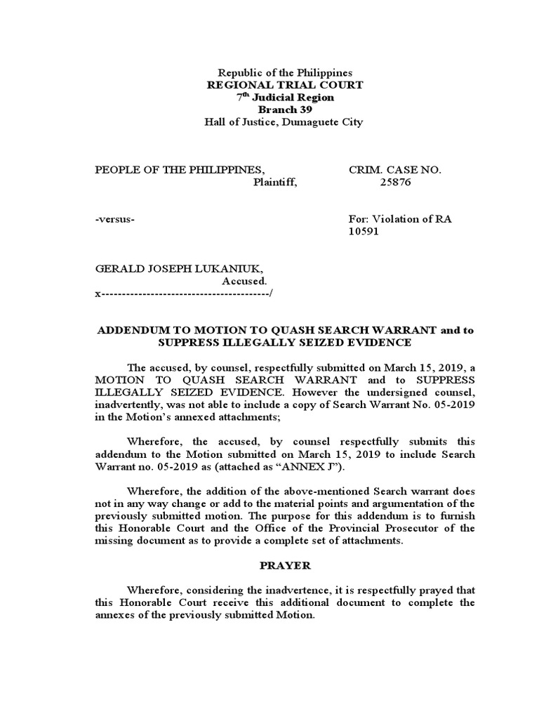 Sample Addendum Motion To Quash Search Warrant | PDF | Judiciaries ...