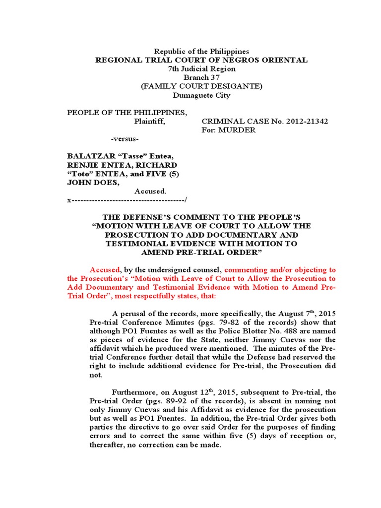 Sample Comment On Motion To Add Evidence (With Editing) | PDF | Trials | Prosecutor