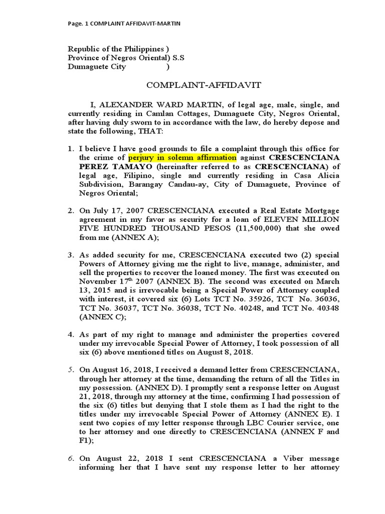 Sample Complaint Affidavit | PDF | Affidavit | Common Law Sample Complaint Affidavit | PDF | Affidavit | Common Law