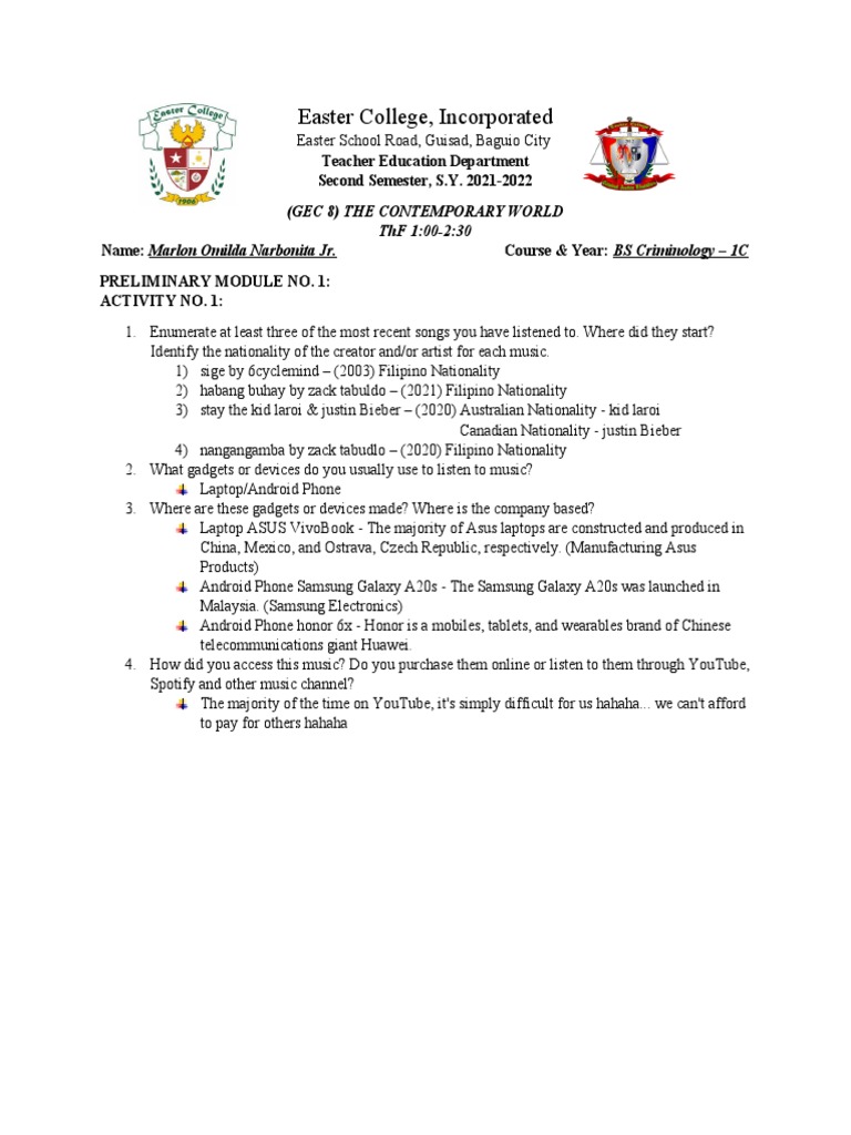Preliminary Module No. 1 (Activity No. 1) | PDF | Games & Activities