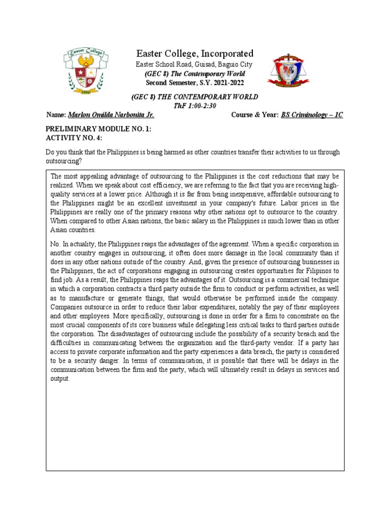 Preliminary Module No. 1 (Activity No. 4) | PDF | Outsourcing | Philippines