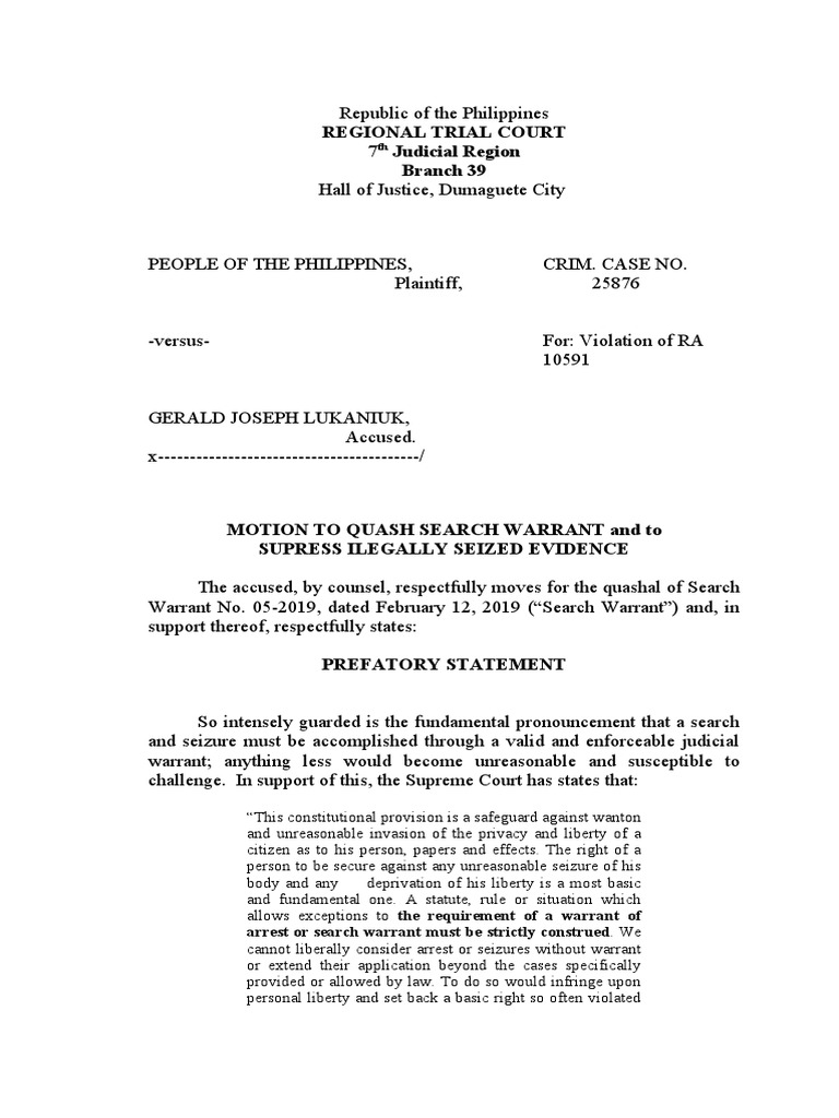 Quash Search Warrant Motion | PDF | Search And Seizure | Search Warrant