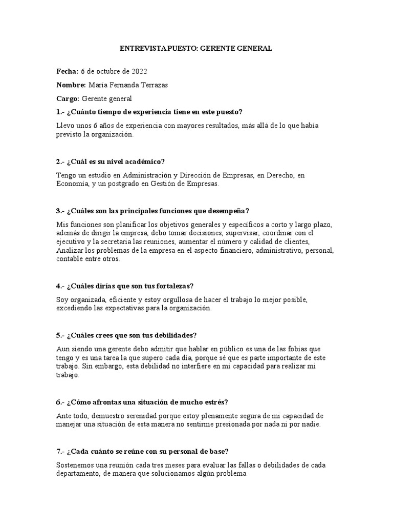 Entrevista Gerente General | PDF