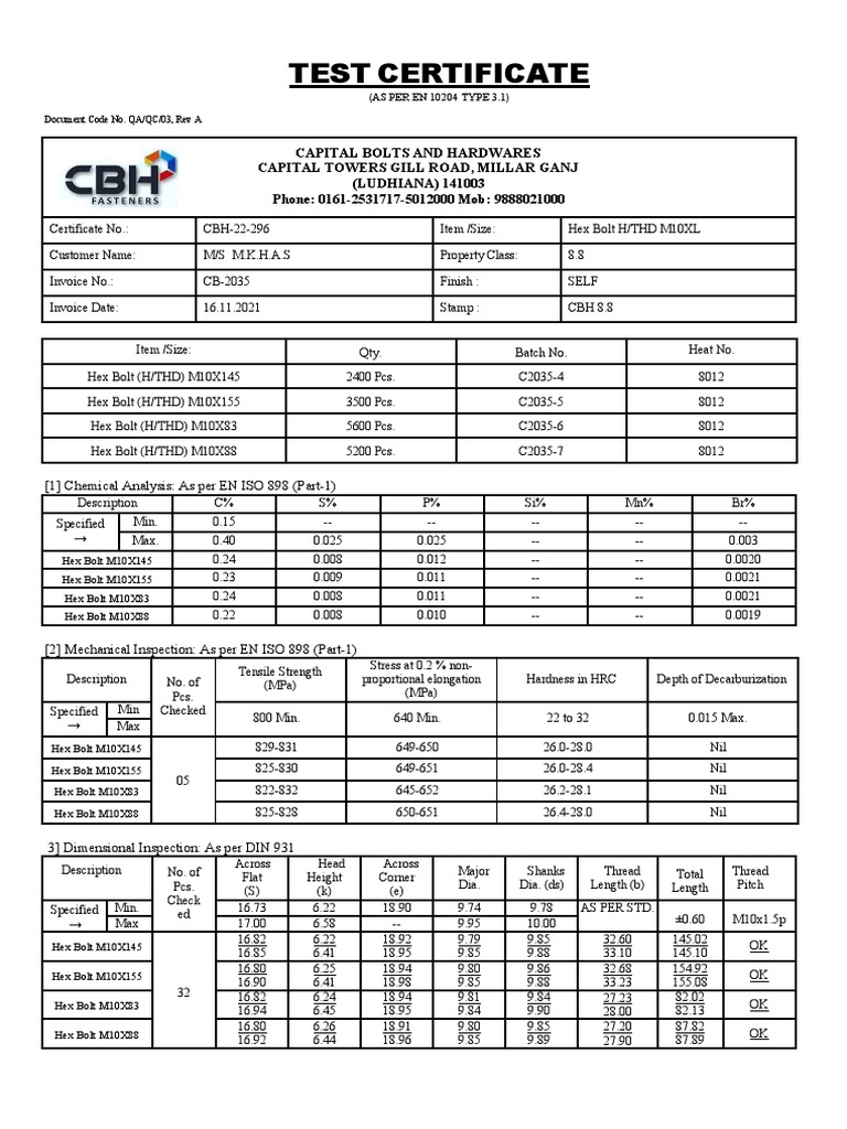 CBH-22-296 DIN 931 HB HT M10 X 70 SELF 8.8 | PDF | Screw | Materials