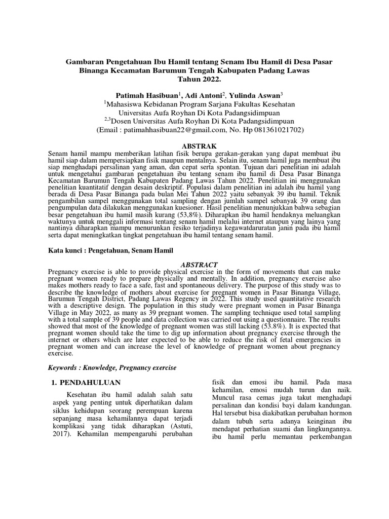 Gambaran Pengetahuan Ibu Hamil tentang Senam Hamil di Desa Pasar Binanga Kecamatan Barumun ...
