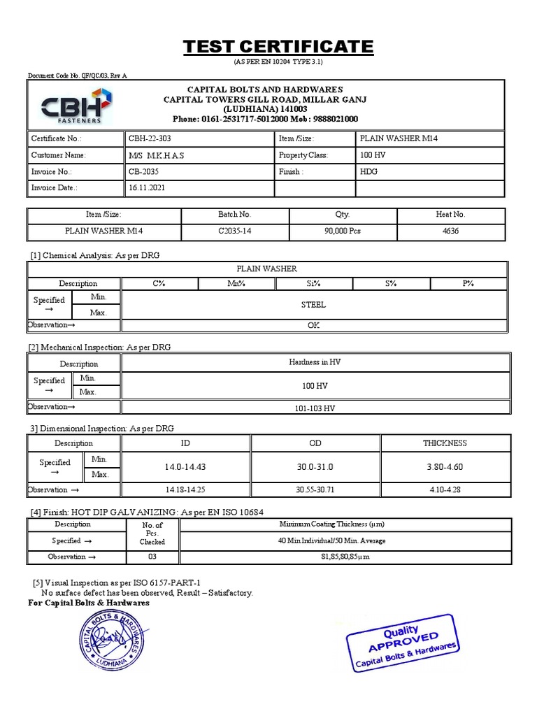 CBH-22-303 Plain Washer M14 4.6 Self | PDF | Washer (Hardware) | Manufactured Goods