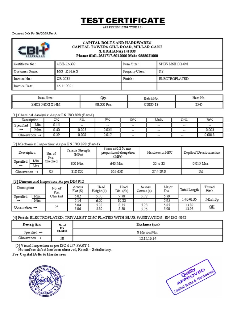 CBH-22-302 SHCS M6X14 Din 912 8.8 BTZP | PDF | Building Materials | Metals