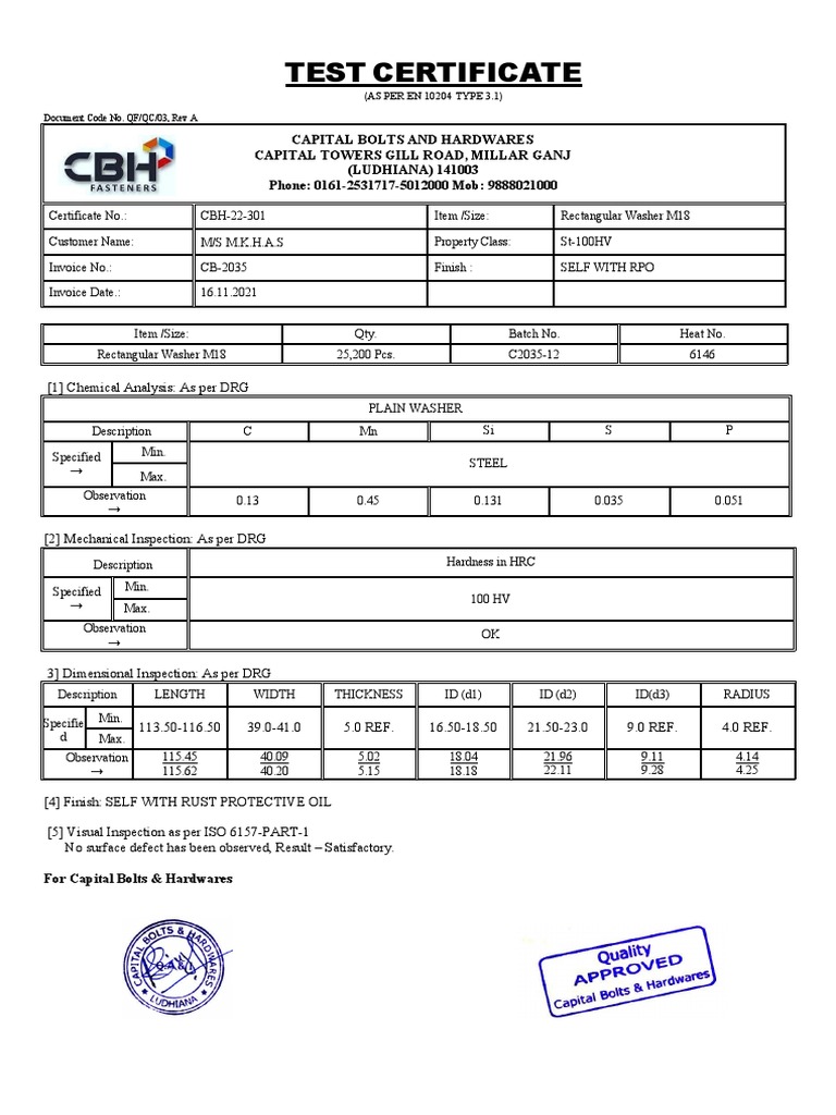 TEST CERTIFICATE FOR RECTANGULAR WASHER M18 | PDF | Mechanical ...