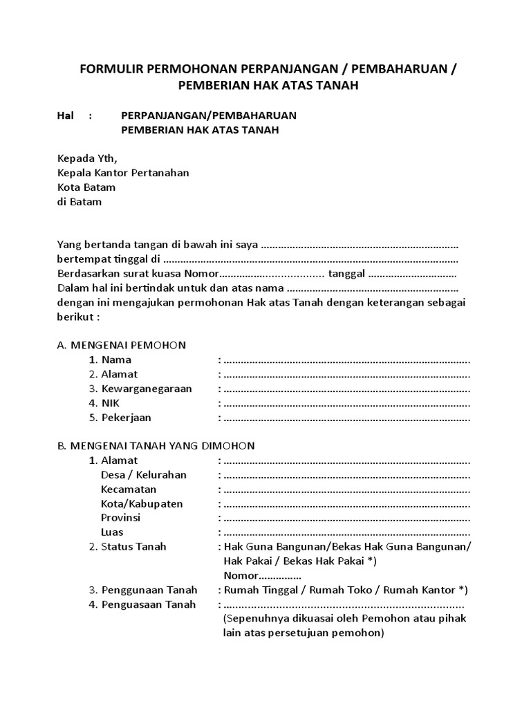 Form Permohonan Perpanjangan Hak Atas Tanah Di BPN | PDF