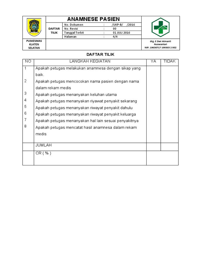 Daftar Tilik Anamnese Pasien | PDF
