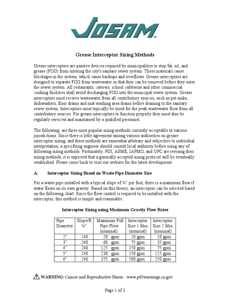 Josam Grease Interceptor Sizing Methods Pdf Gallon Sanitary Sewer