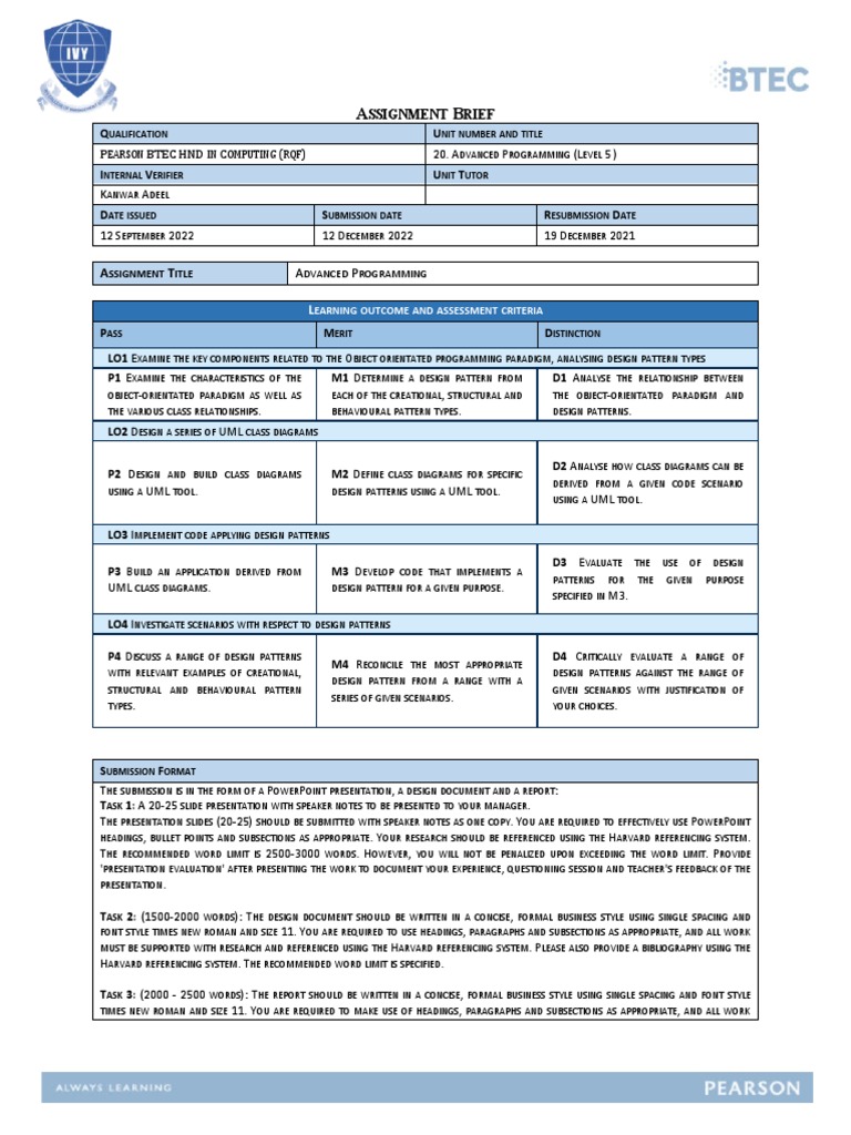 Assignment Brief Unit 20 Advanced Programming Sep 2022 Pdf Object Oriented Programming