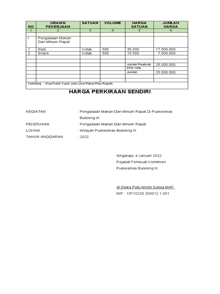 Harga Perkiraan Sendiri: NO Uraian Pekerjaan Satuan Harga Satuan Jumlah ...