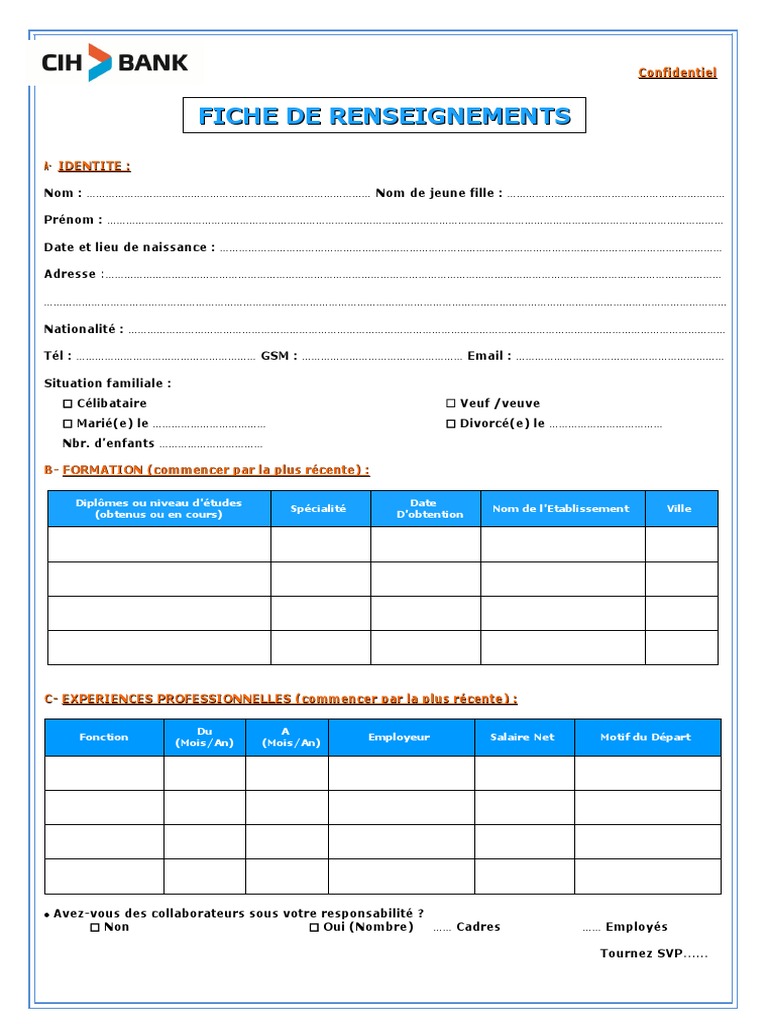 Fiche de renseignements personnels et pro | PDF