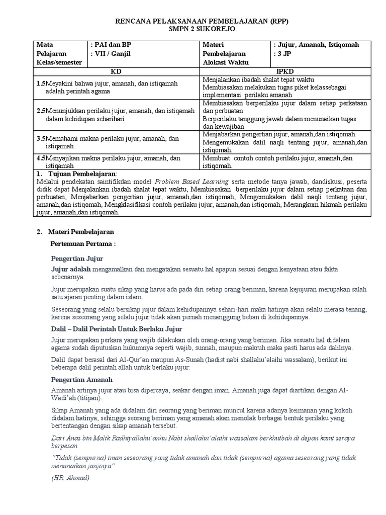 20-21 RPP Kombinasi Jujur, Amanah, Istiqomah - Fix | PDF
