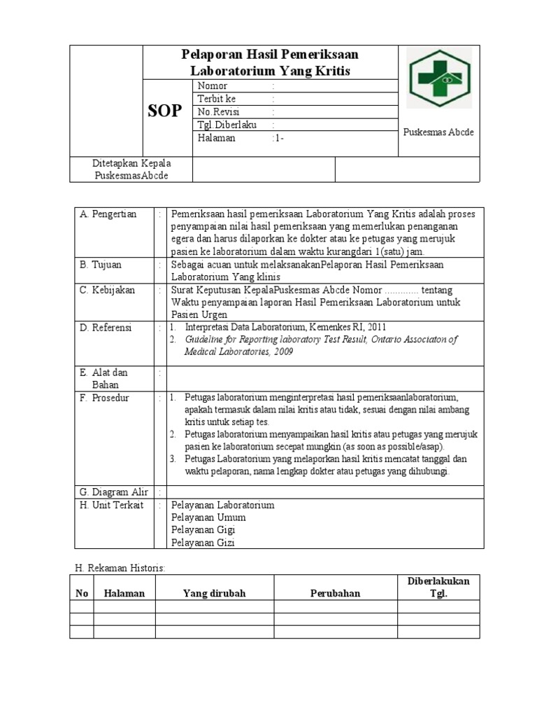 8.1.4.1 SOP Pelaporan Hasil Pemeriksaan Laboratorium Yang Kritis | PDF