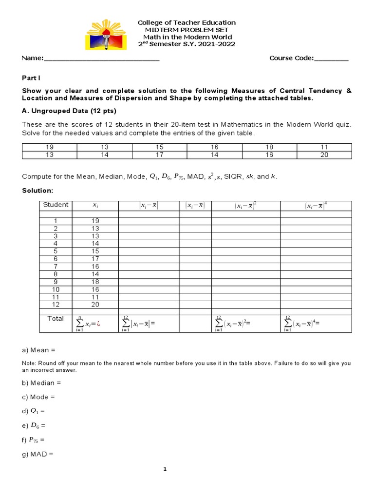 MMW Midterm Problem Set 1st Sem 21-22 | PDF | Statistical Significance ...