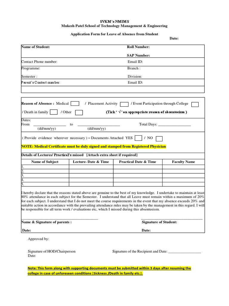 MPSTME Student Leave Application | PDF