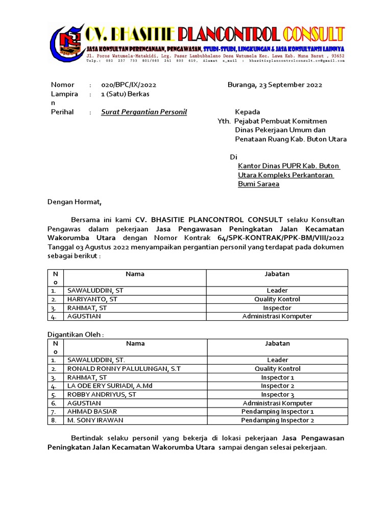 Surat Permohonan Pergantian Personil Box 200 | PDF
