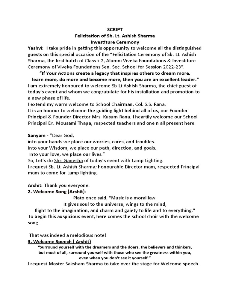Welcome Speech for Investiture Ceremony | PDF | Art