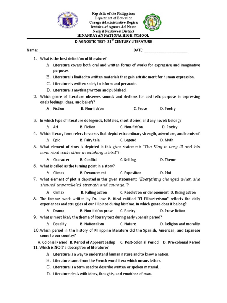 High School Literature Diagnostic | PDF