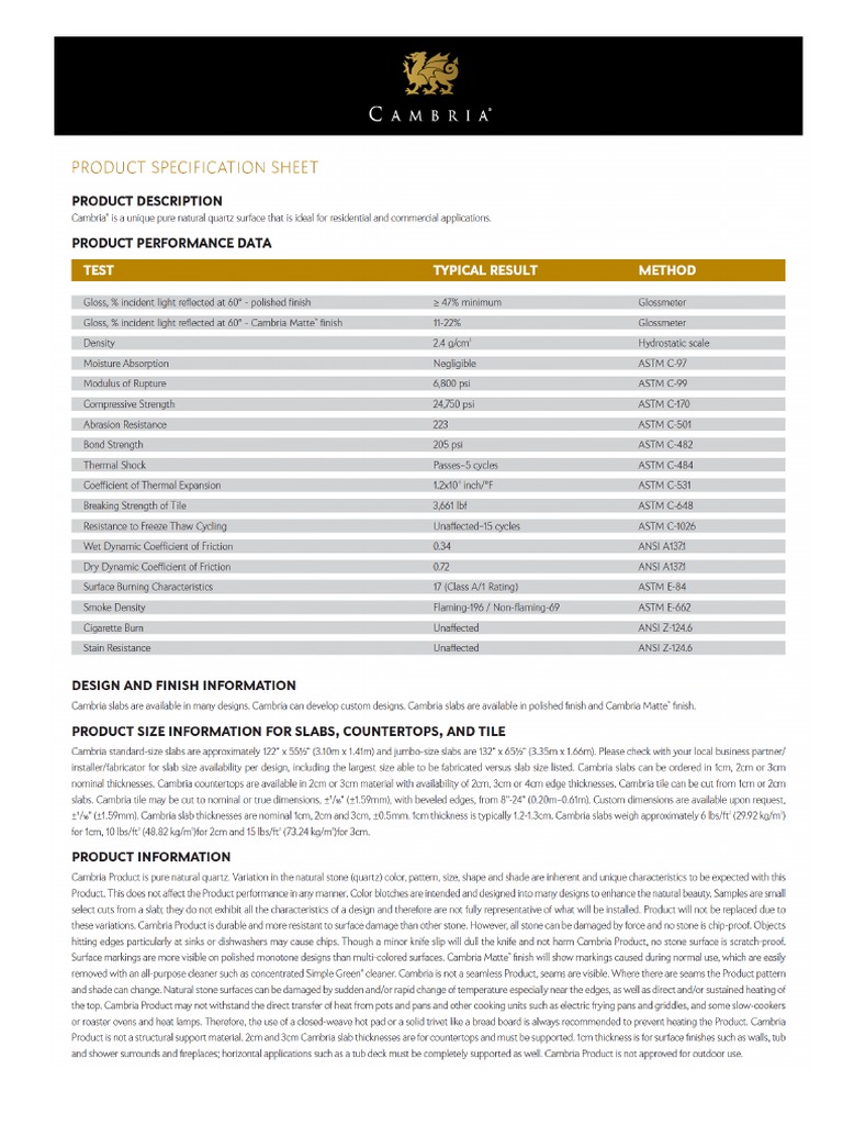 Cambria Spec Sheet | PDF