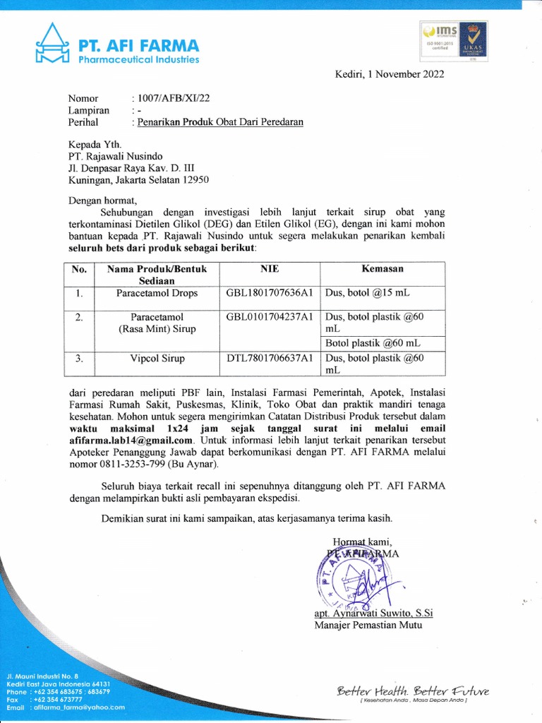 Surat Penarikan Produk Obat Dari Peredaran - PT. Rajawali Nusindo | PDF