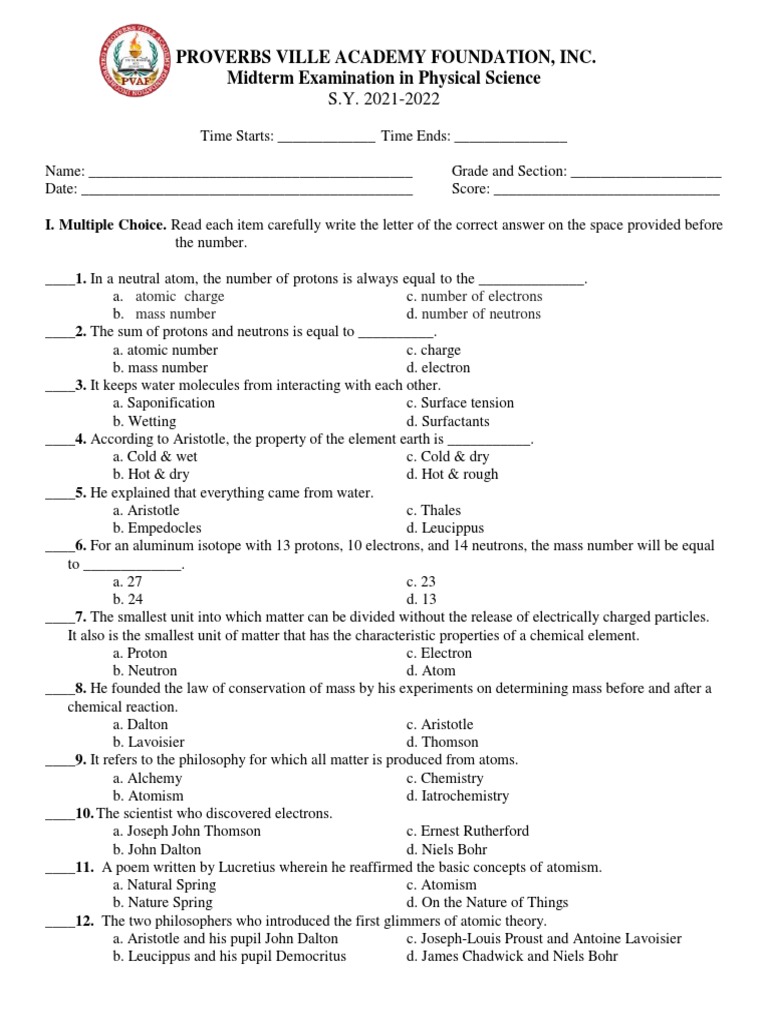 Physical Science Midterm Exam (2ND Semester) | PDF | Chemistry | Atoms